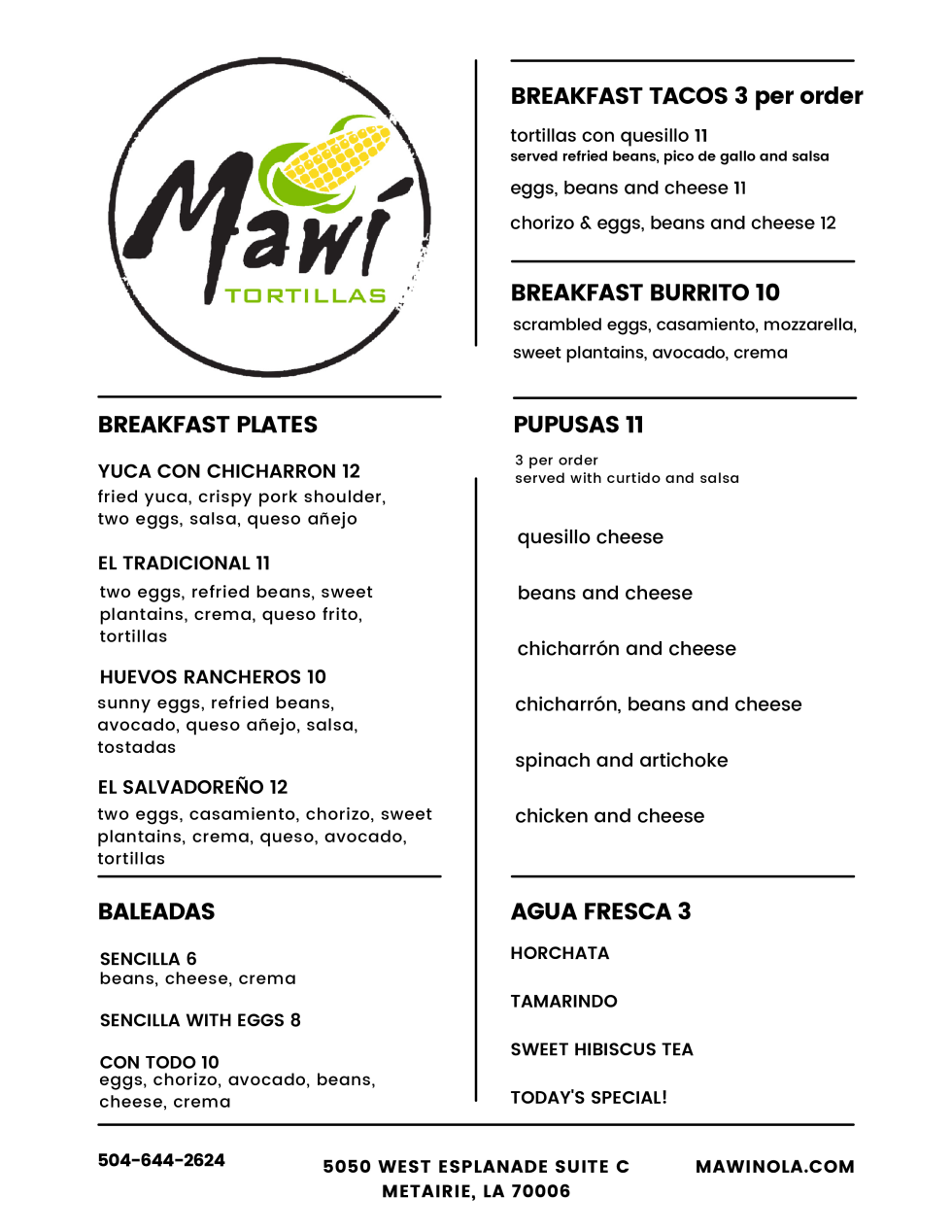 MENU - Mawi Tortillas · NOLA